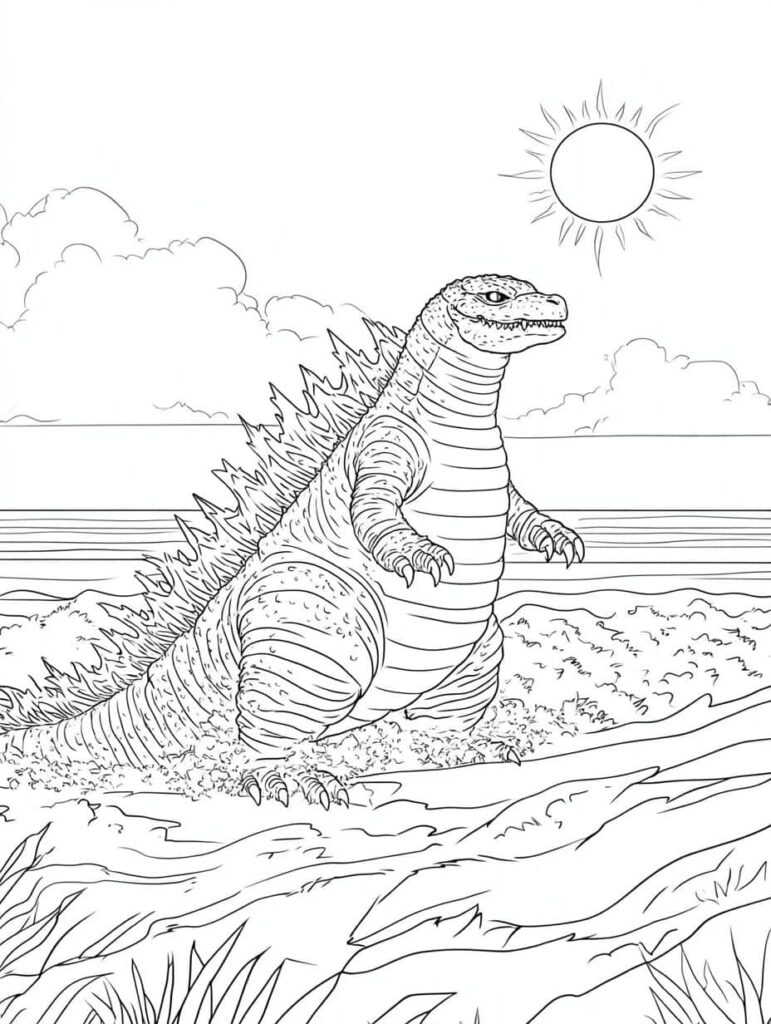壮大な瞬間を楽しめるゴジラの塗り絵 - Coloriageenfants.com