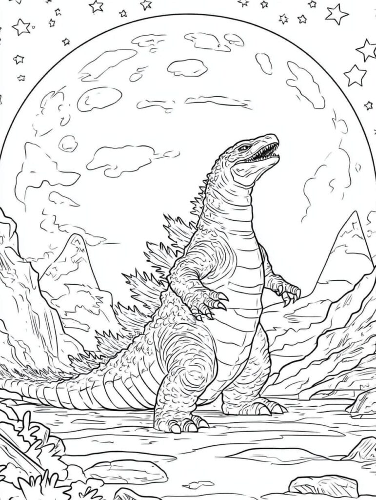 壮大な瞬間を楽しめるゴジラの塗り絵 - Coloriageenfants.com