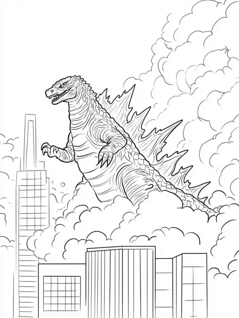 壮大な瞬間を楽しめるゴジラの塗り絵 - Coloriageenfants.com